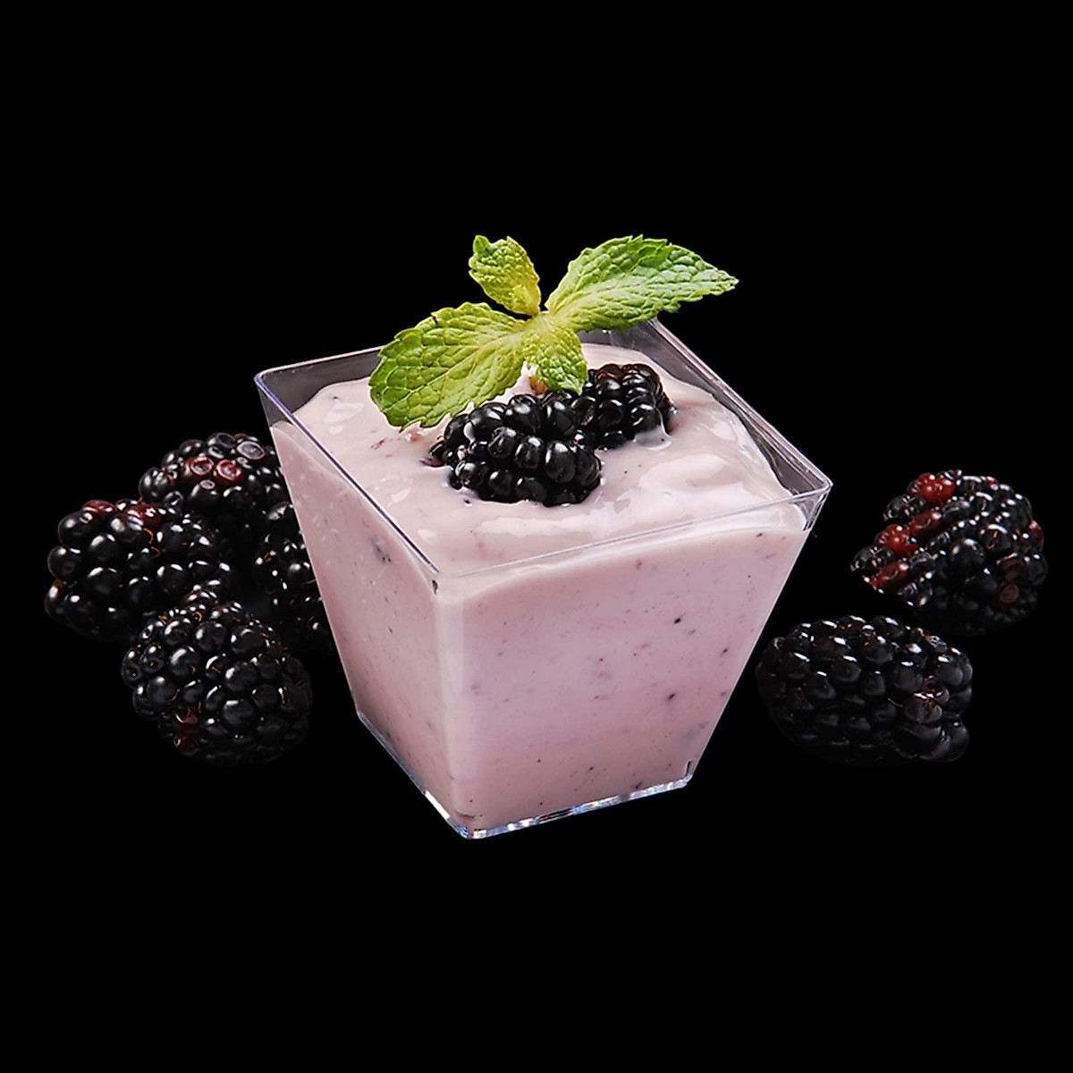 Tosnail 100 Pack 2 Oz Mini Clear Plastic Dessert Tumbler Cups with 100 Dessert Spoons, Square Parfait Appetizer Cups for Event and Party Serving