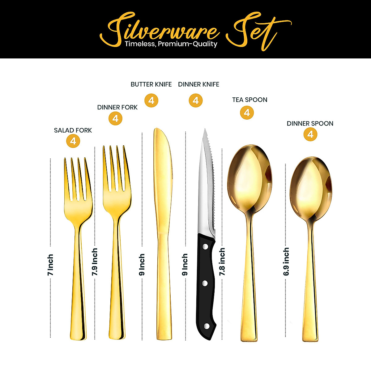 Utopia Kitchen 48 Piece Silverware Set Service for 8, Flatware Set with Steak Knives, Stainless Steel Utensil Sets, Mirror Polished Cutlery Set for Home, Kitchen, Restaurant, Dishwasher Safe - Gold