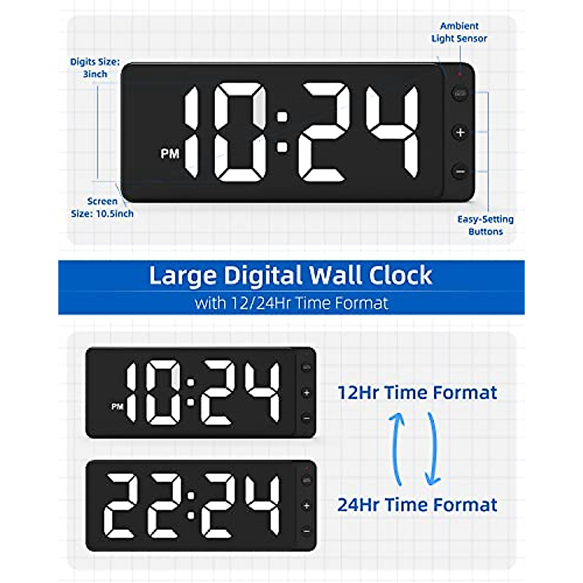 LED Digital Wall Clock with Large Display, Big Digits, Auto-Dimming, 12/24Hr Format, Battery Backup, Silent Wall Clock for Farmhouse, Kitchen, Living Room, Bedroom, Classroom, Office – White