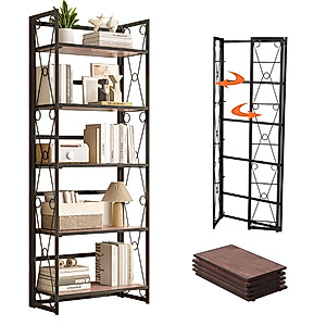 VECELO Folding Bookshelf, 5 Shelf Bookcase No Assembly, Industrial Metal Frame Shelves Rack Organizer for Living Room, Office,Walnut 1 Set
