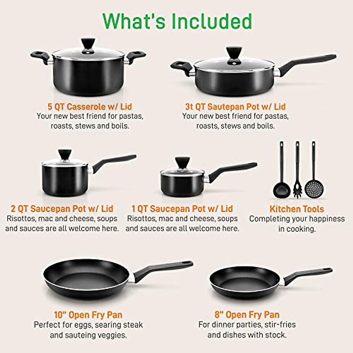 NutriChef 13-Piece Nonstick Cookware PTFE/PFOA/PFOS Free Heat Resistant Kitchen Ware Set w/Saucepan, Frying Pans, Cooking Pots, Casserole, Lids, Ladle, Fork, Strainer NCCWA13, Black