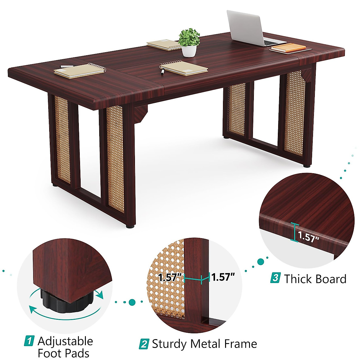 Tribesigns 70.9 Inch Executive Desk, Large Office Computer Desk with Rattan & Metal Frame, Modern Simple Study Writing Table Workstation Desk for Home Office, Conference Meeting Room
