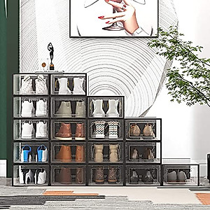SEE SPRING 12 Pack Medium + 12 Pack X-large Shoe Storage Box, Clear Plastic Stackable Shoe Organizer for Closet, Space Saving Foldable Shoe Containers Bins Holders (Black Clear)