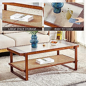 45.28" Walnut Wood Coffee Table with Craft Glass Top, Mid-Century Modern Rattan Coffee Table 2-Tier Glass Coffee Table with Storage for Living Room, Dining Room,Bedroom