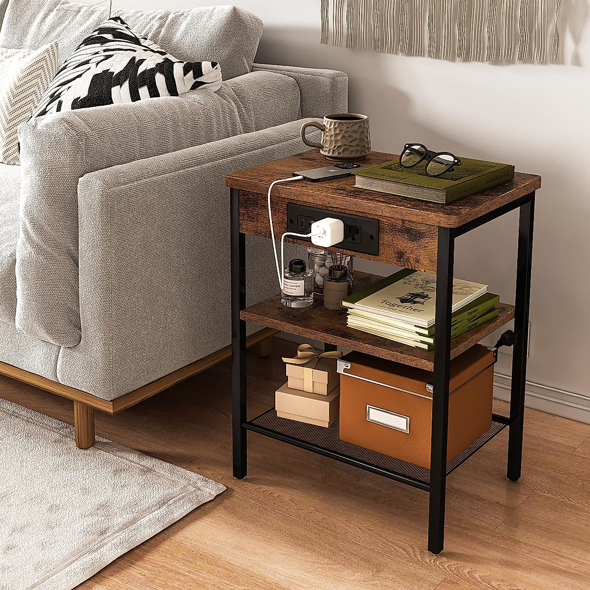 Fixwal Side Table, Night Stand with Charging Station, 3-Tier End Table with Storage Shelf, Side Table for Living Room, Bedroom, Rustic Brown and Black