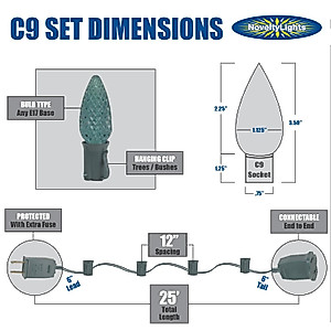 25 Foot C9 Red Ceramic Christmas String Light Set - Outdoor Christmas Light String - – Opaque Christmas Bulbs - Roofline Light String – Outdoor String Lights - Green Wire