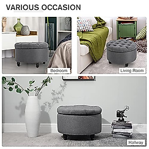 HOMCOM Round Linen-Touch Fabric Storage Footstool Ottoman Button Tufted Footrest with Removable Lid, Grey