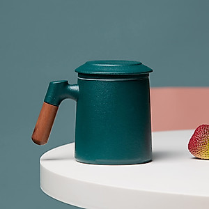 HEER Ceramic Infusion Tea Mug with Infuser and Lid for Steeping Loose Leaf Tea, Chinese Modern Wooden Handle Diffuser Coffe Tea Cup for Home Office. 13.5oz (400ml) (Green)