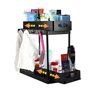 Under Sink Organizers and Storage Sliding - Multipurpose Double Sliding Cabinet Organizer for Bathroom or Kitchen Sink Organizer with 4 Hooks (Black)