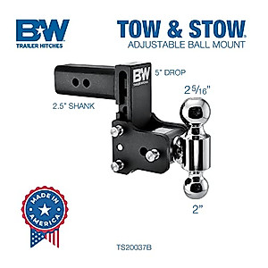 B&W Trailer Hitches Tow & Stow Adjustable Trailer Hitch Ball Mount - Fits 2.5" Receiver, Dual Ball (2" x 2-5/16"), 5" Drop, 14,500 GTW - TS20037B