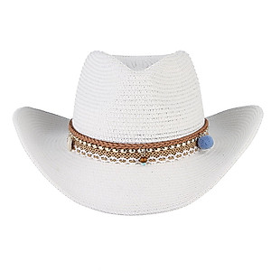 GEMVIE Cowboy Cowgirl Floppy Sun Hat Fedora Straw Wide Brim Bucket Beach Cap White 58cm