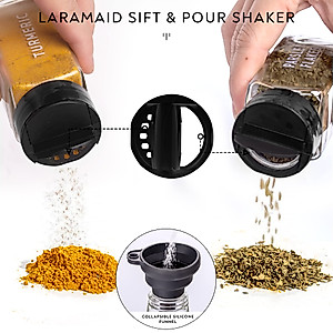 Laramaid 4oz 48Pack Glass Jars with 304 Minimalist Black Premium Spice Labels, Black Plastic Shaker Lid Dispenser, White Chalk Marker, Cleaning Brush and Collapsible Silicone Funnel