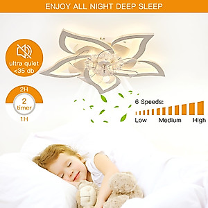 Ekjkldo 27" Ceiling Fan with Lights Remote Control Ceiling Light Fixture, 6 Speeds 3 Colors Low Profile Ceiling Fan with Light, Modern Ceiling Fan, Flush Mount Ceiling Fans for Living Room(White)
