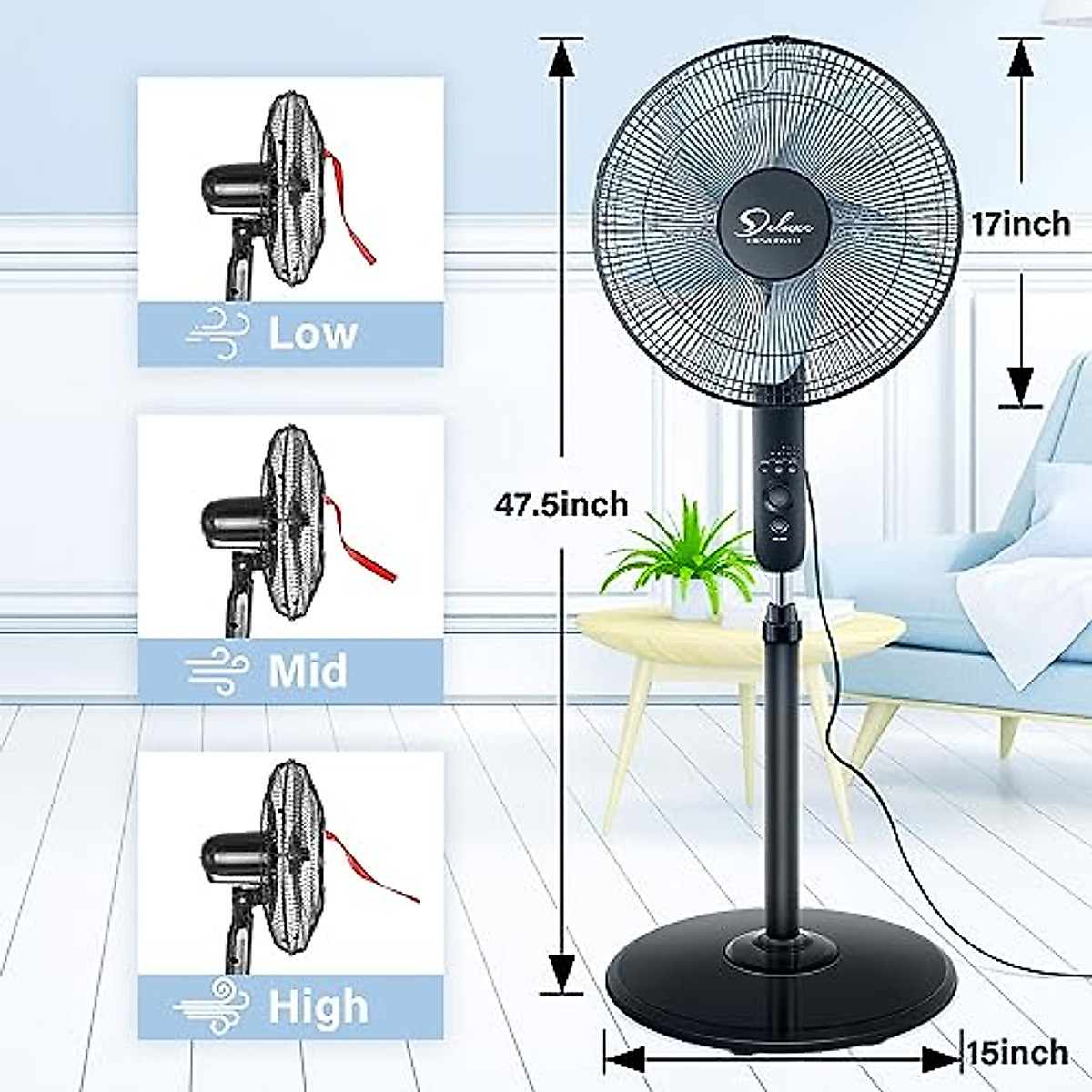 Simple Deluxe Pedestal Stand Fan with Remote Control for Indoor, Bedroom, Living Room, Home Office & College Dorm Use,3 Speed, Black, 16 Inch