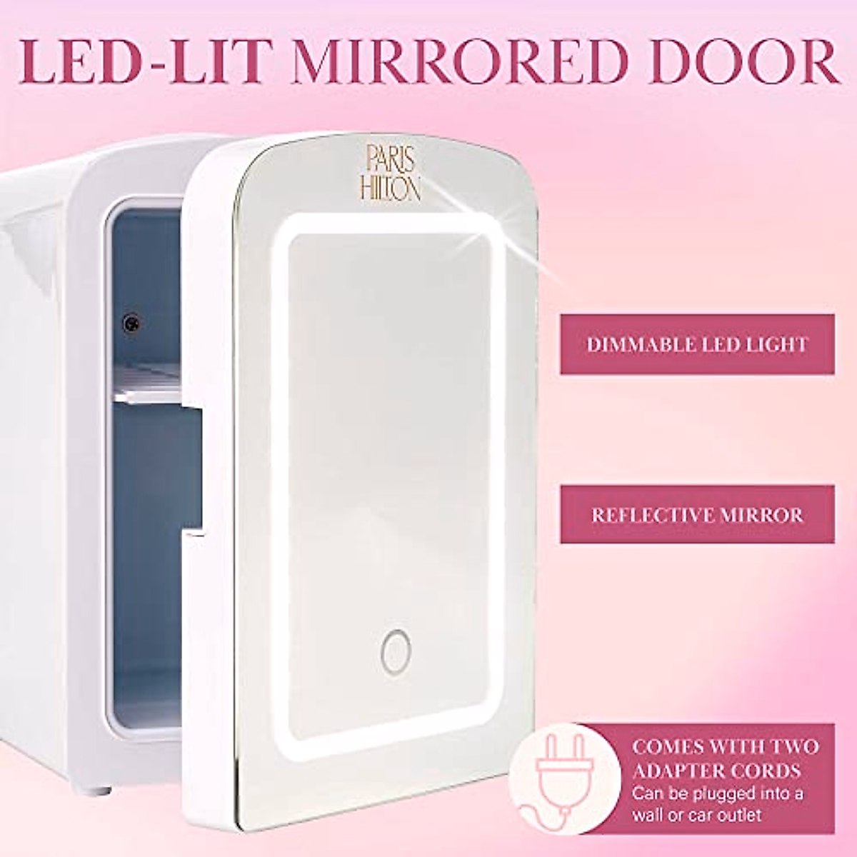 Paris Hilton Mini Refrigerator and Personal Beauty Fridge, Mirrored Door with Dimmable LED Light, Thermoelectric Cooling and Warming Function for All Cosmetics and Skincare Needs, 4-Liter, White