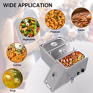 Valgus Commercial Stainless Steel Food Warmer 3 Sections 17 Qt Capacity Bain Marie, Electric Countertop Steamer with Lid and Water Tap for Home, Party, Catering, Restaurants