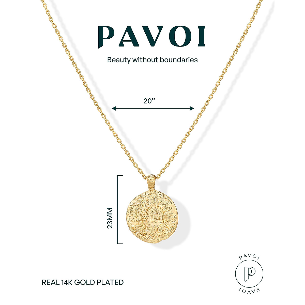 PAVOI 14K Gold Plated Engraved Coin Pendant | Byzantine Coin Necklace | Bohemian Necklace (Moon, Rose Gold Plated)