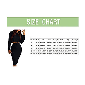Aniywn Women's Casual 2 Pieces Outfits Solid Long Sleeve Crop Top Printing Bodycon Midi Skirt Dress Tracksuits Set