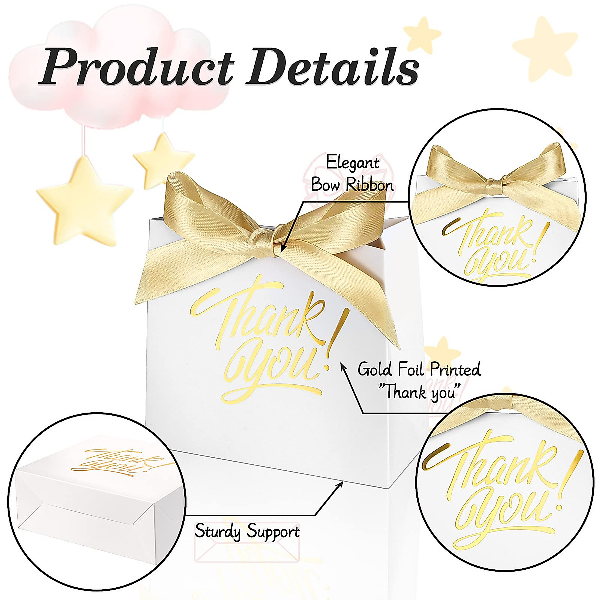 DOYIDE 60 Pack Small Thank You Gift Bags, 4.5x1.8x3.9in Party Favor Bags Boxes with Bow Ribbon, Small Paper Gift Bags with Gold Foil Printed, Mini Candy Treat Bags for Birthday Wedding Party Holiday
