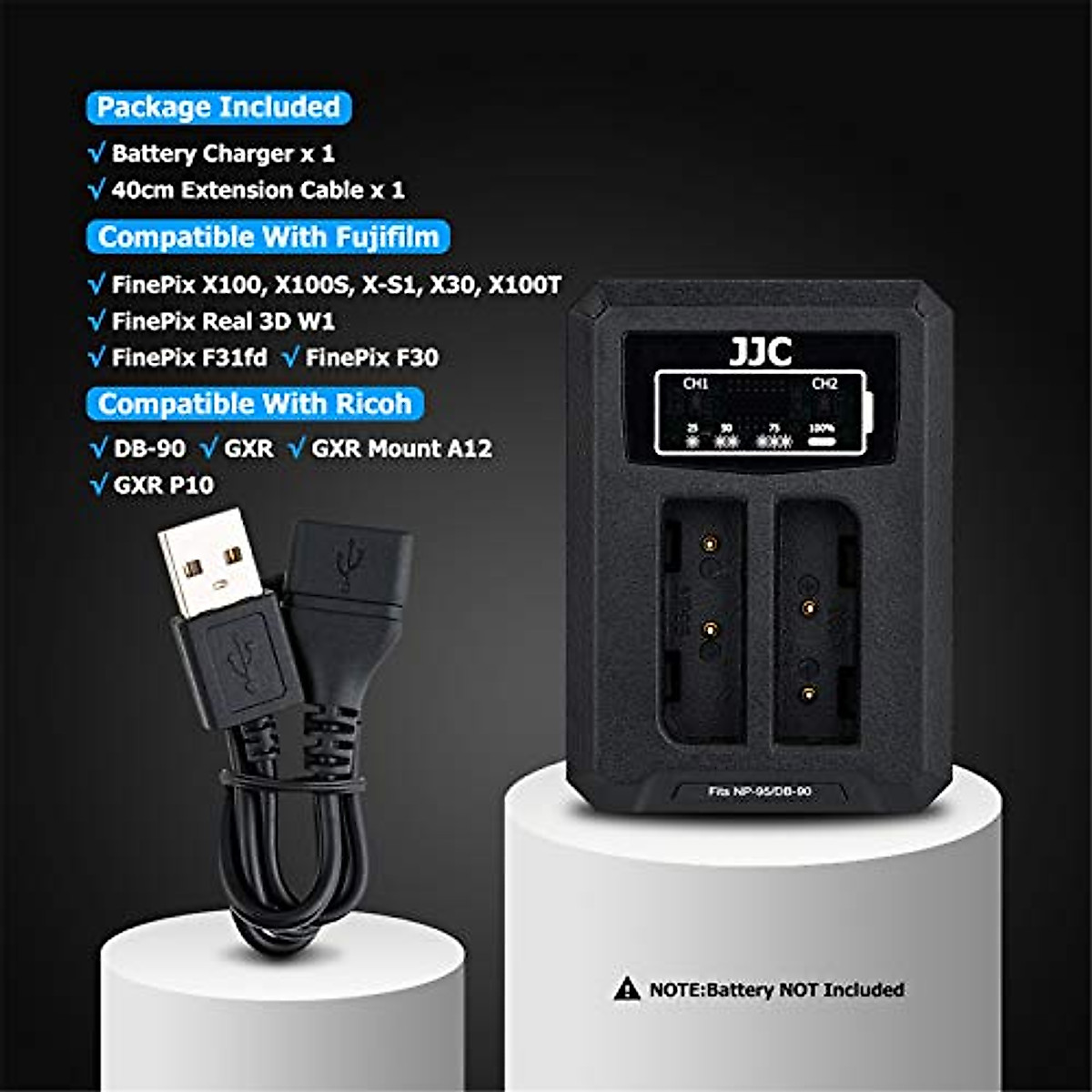 USB Dual Battery Charger for Fujifilm NP-95 FinePix X100 X100S X-S1 X30 X100T FinePix Real 3D W1 FinePix F31fd FinePix F30 and Ricoh DB-90 GXR GXR Mount A12 GXR P10