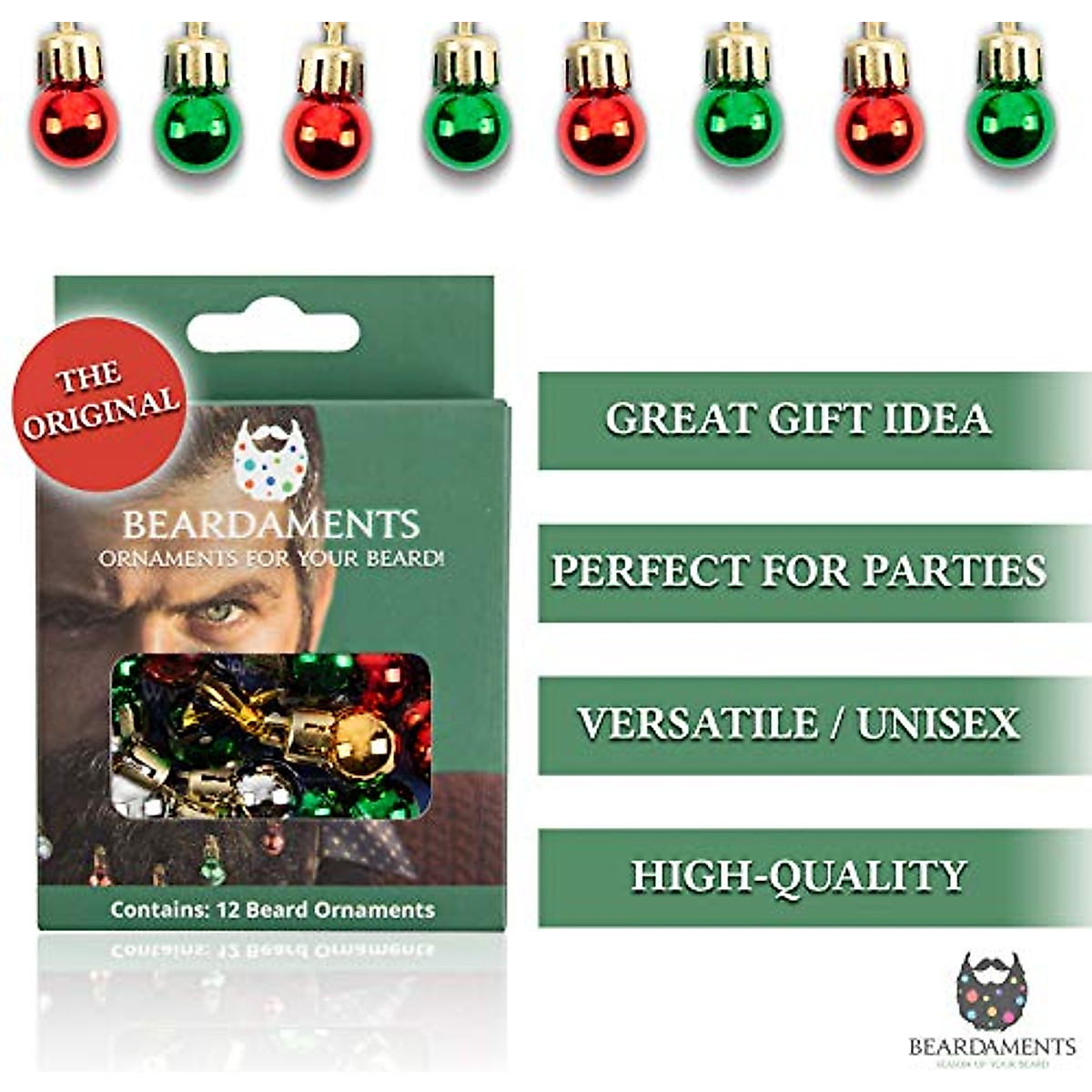 BEARDAMENTS Beard Ornaments - The Original 12pc Colorful Christmas Facial Hair Baubles for Men in the Holiday Spirit, Easy Attach Mini Mustache, Sideburns, Festive Red, Green, Gold, Silver Mix