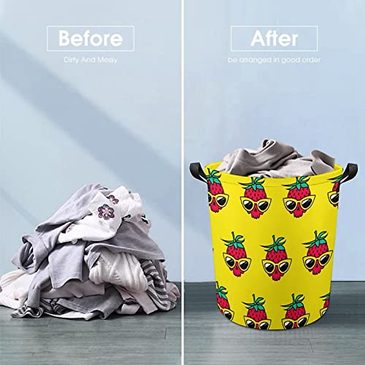 Skull Strawberry Large Laundry Basket Hamper Bag Washing with Handles for College Dorm Portable