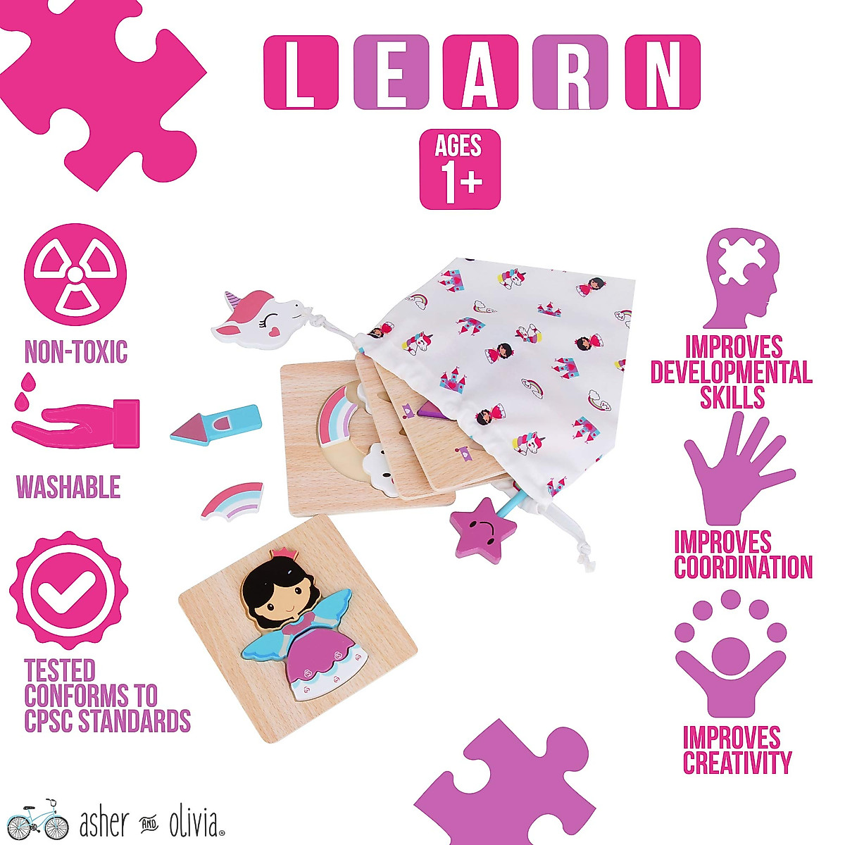 Princess Jigsaw Puzzle and Wand Set - Storage Bag Included - Rainbow, Unicorn and Castle Set - Puzzle for Toddlers 1-3