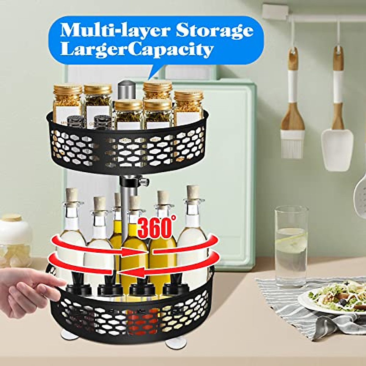 Lazy Susan Organizer,2 Tier Lazy Susan Turntable Spice Rack Metal Steel Organizer for Kitchen Cabinet, Organizer for Cupboard,Pantry,Bathroom,Table