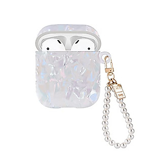 Glitter Shell Design Case for AirPods 1/2 with Pearl Wrist Chain Keychain,Colorful Sparkle Bling Pretty Cute Protective Skin Cover for Airpods 2nd Generation TPU Shock Proof for Women Girls -White