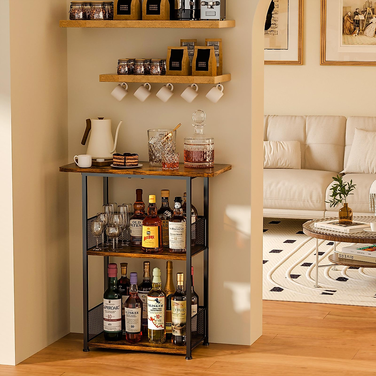 Eyteenokk Floor Standing Freestanding Whiskey Rack: 3 Tier Wine Rack Mini Bar Table Corner Wine Bottle Display Stand Liquor Cabinet Bar, for Bottles,Cocktail Shaker,Mugs