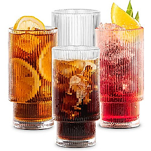 Combler Ribbed Drinking Glasses, Ribbed Glass Cups 11oz Set of 4, Ribbed Glassware for Water Whiskey Beer Cocktail Glasses, Iced Coffee Cup, Apartment Must Haves Essentials, Birthday Gifts for Women