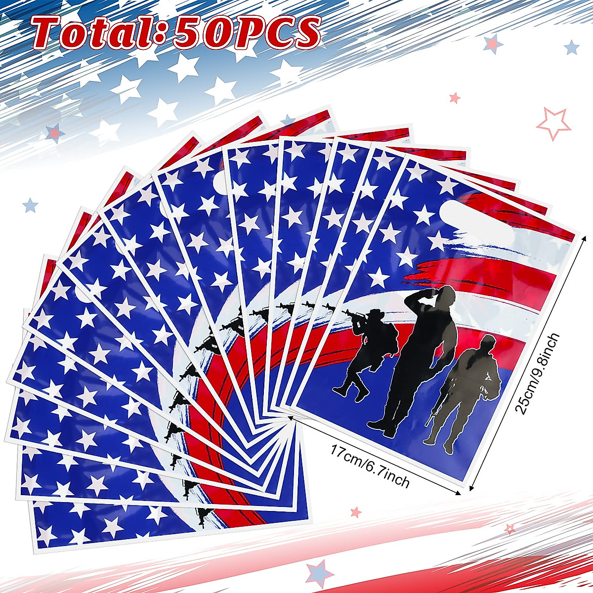 MASHAN 50pcs Veterans Day Gift Bags, Plastic Goodies Treat Bags with American Flag Patriotic Soldier for Independence Day Veterans Day and Army Party Decorations