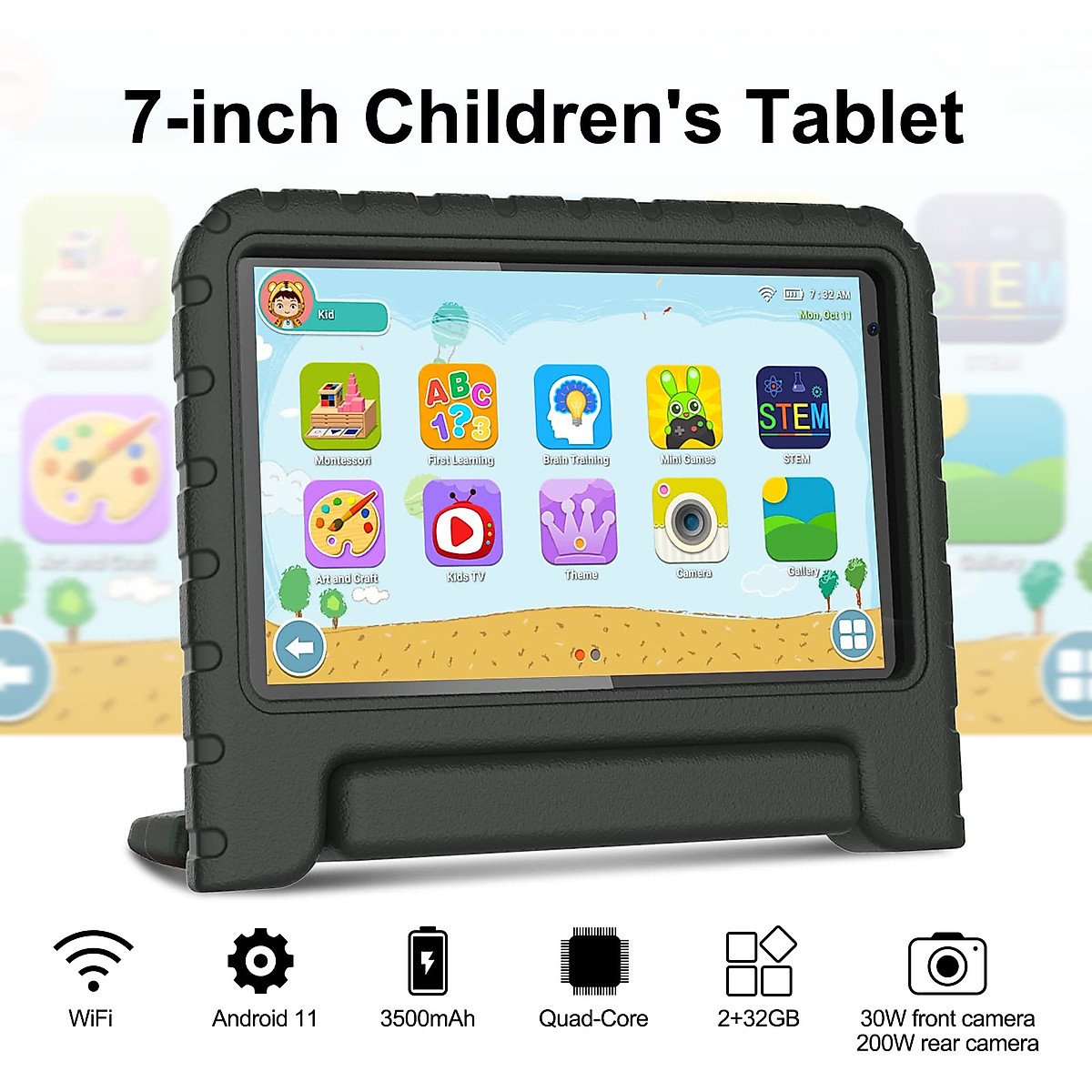 JUSYEA Kids Tablet 7 inch Android 11 - Kids for Tablet with Case - Quad Core - RAM 2GB | 32GB ROM - Kids Edition Tablets J8-3500mAh Battery | WiFi | Bluetooth, Entertainment | Education (Black)