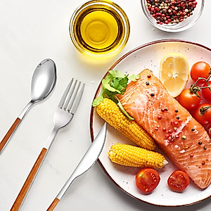 Wood Handle Silverware Set, Stainless Steel Cutlery Set with Imitation Wood Grain Handle Silver Mirror Polished Dishwasher Safe for Household Kitchen Utensils Restaurant Hotel Party (40)