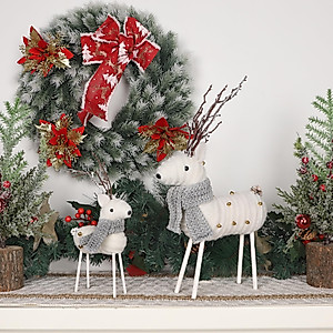 winemana 2 Pcs Plush Fabric White Figurines Reindeer with Scarf Bells Christmas Table Ornaments, Tabletop Standing Deer Christmas Decorations for Home Kitchen Centerpieces Xmas Winter Holiday Party