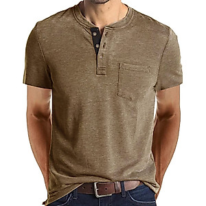 Fashion Men's Henley Shirts Classic Short Sleeve Basic Button Cotton T-Shirt with Pocket Khaki