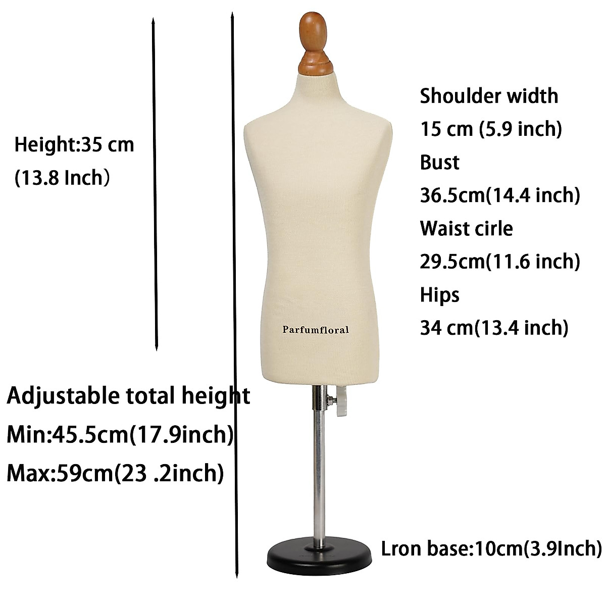 Parfumfloral Male Dress Form Mannequin(Not Full Size Body Height 12.8 inch for Sewing, 1/3 Size Female Tailor Dressmaker Dummy for Pattern Making Fully Pinnable Mannequin with Metal Base (1/3 Beige)
