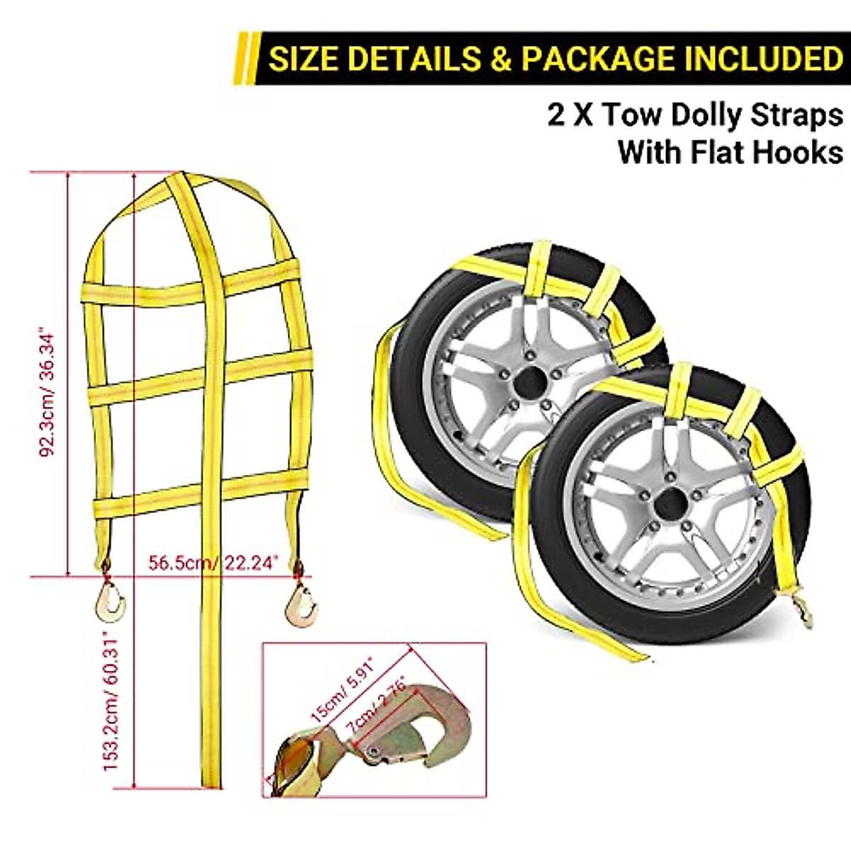 Partol 2 Pack Tow Dolly Basket Straps with Flat Hooks Car Wheel Straps Universal Vehicle Tow Dolly Straps for Small to Medium Size Tie Wheels 12000 lbs Breaking Strength