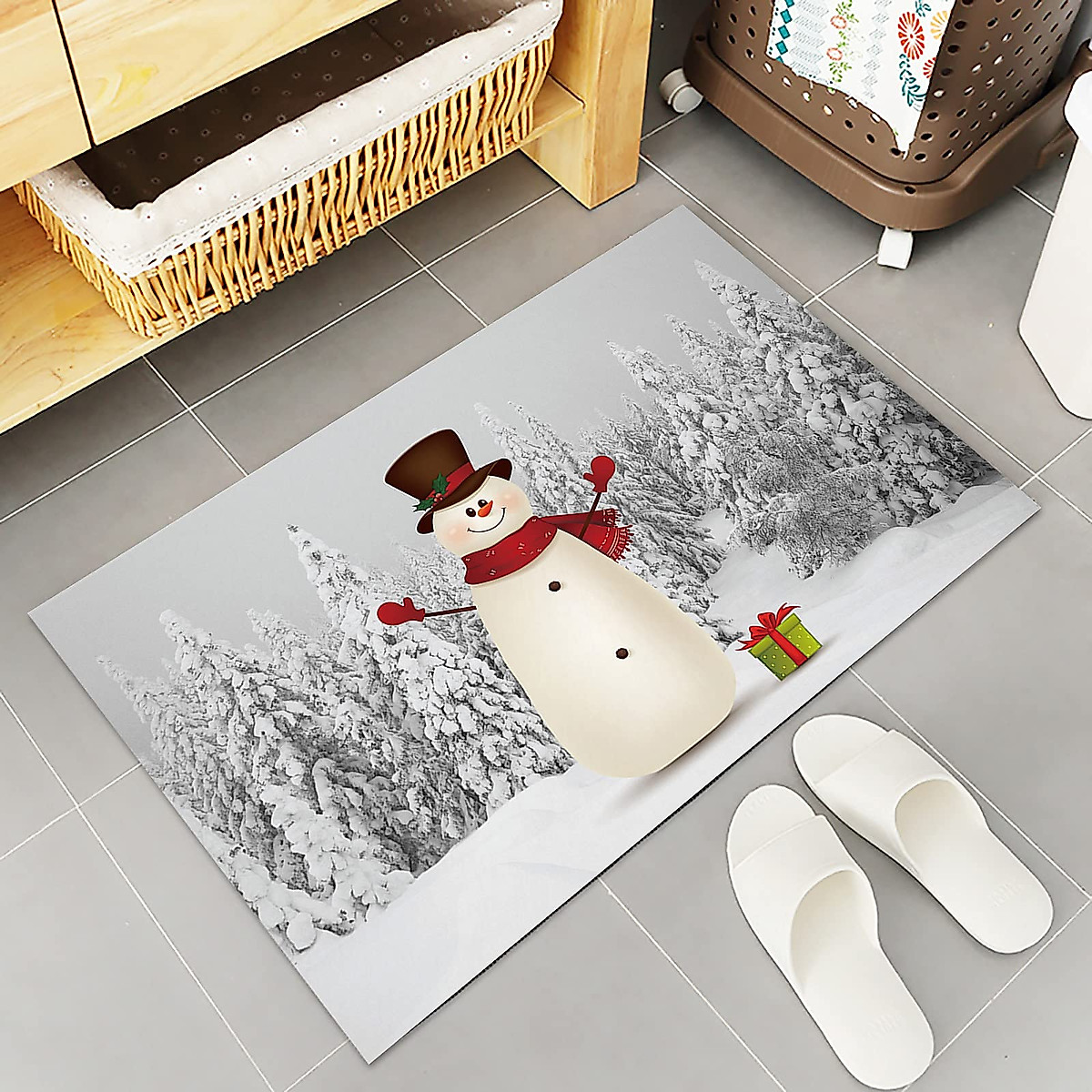 Queener Home Winter Christmas Tree and Snowman Kitchen Rugs and Mats Set of 2, Washable Floor Doormat Comfort Area Runner Rug Non-Slip Rubber Backing for Indoor Cartoon Pattern