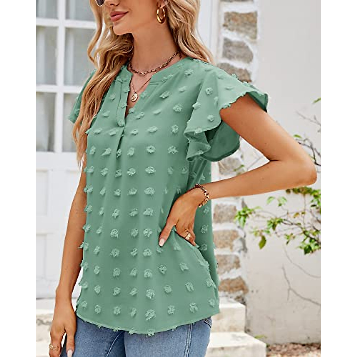 Womens Summer Casual V Neck Tops Ruffle Short Sleeve Tunic Swiss Dot Dressy Flowy Blouses Shirts 2023 Light Green
