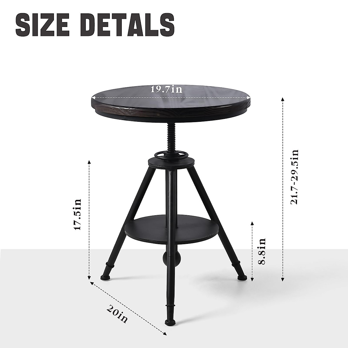BOKKOLIK Industrial Bistro Table Vintage Small Cafe Table Farmhouse Round Dining Table for Kitchen Rustic Side Table Swivel Wooden Top 21-29inch Height Adjustable