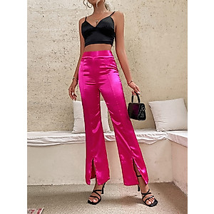 WDIRARA Women's High Rise Wide Leg Split Hem Pants Party Club Solid Pants Hot Pink L