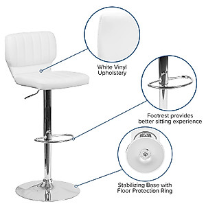 Flash Furniture Jeremy Contemporary White Vinyl Adjustable Height Barstool with Vertical Stitch Back and Chrome Base