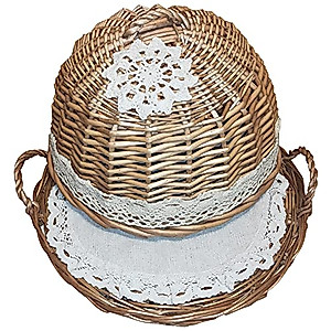 Coralpearl Rattan Wicker Woven Food Dome Lid Cover and Table Serving Tray Storage Plate Platter with Handles for Picnic Party Bread Cake Pizza Dry Fruit Dessert Indoor Outdoor (Brown)