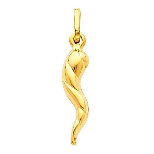 The World Jewelry Center 14k REAL Yellow Gold Twisted Cornicello Italian Horn Pendant with 0.9mm Cable Chain Necklace - 22"