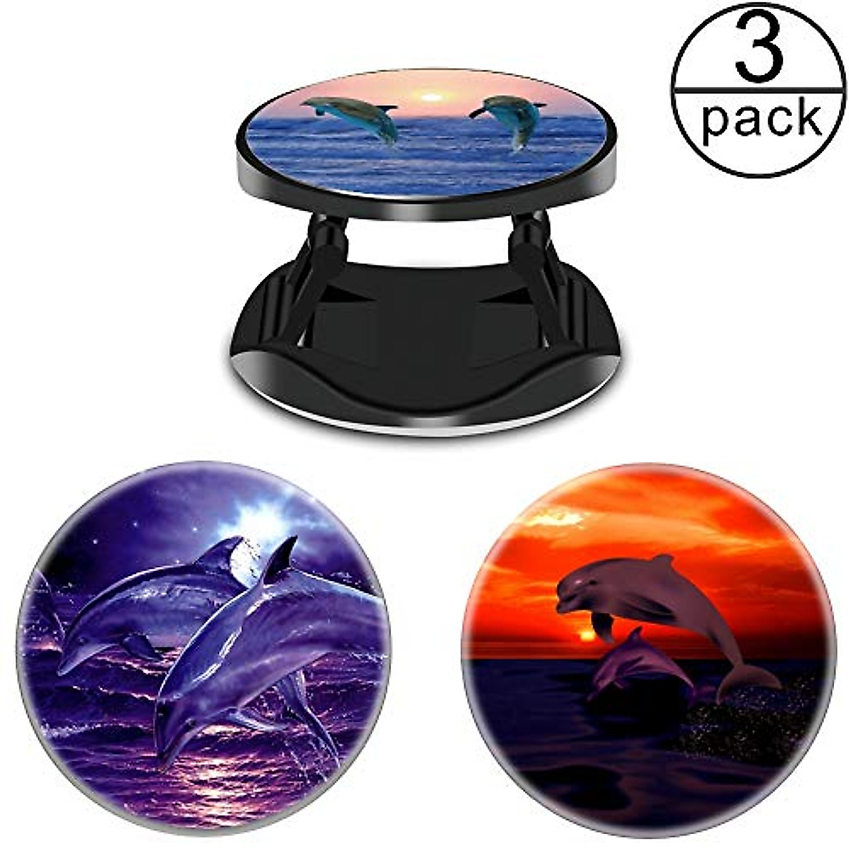 (3 Pack) Cell Phone Holder Dolphin Sunrise Ocean Wave Sunset Expanding Grip Stand Finger Kickstand for Smartphone and Tablets