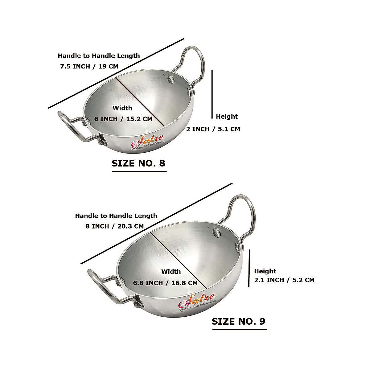 Aluminium Small Kadhai Set of 2 Different Size,Indian Frying Pan or kadhai -Color White