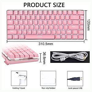 LexonElec Pink Gaming Mechanical Keyboard White Backlit 82 Keys Illuminated Type-C Wired Gaming Keyboard with Red Switches for Computer Gamers (Pink)