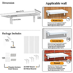 VOGGV Floating Shelves, White Wall Shelf Décor Storage, Wall Mounted Shelves Set of 3, Mdern Floating Shelves with Metal L Brackets for Bedroom, Living Room, Bathroom, Over Toilet, Kitchen