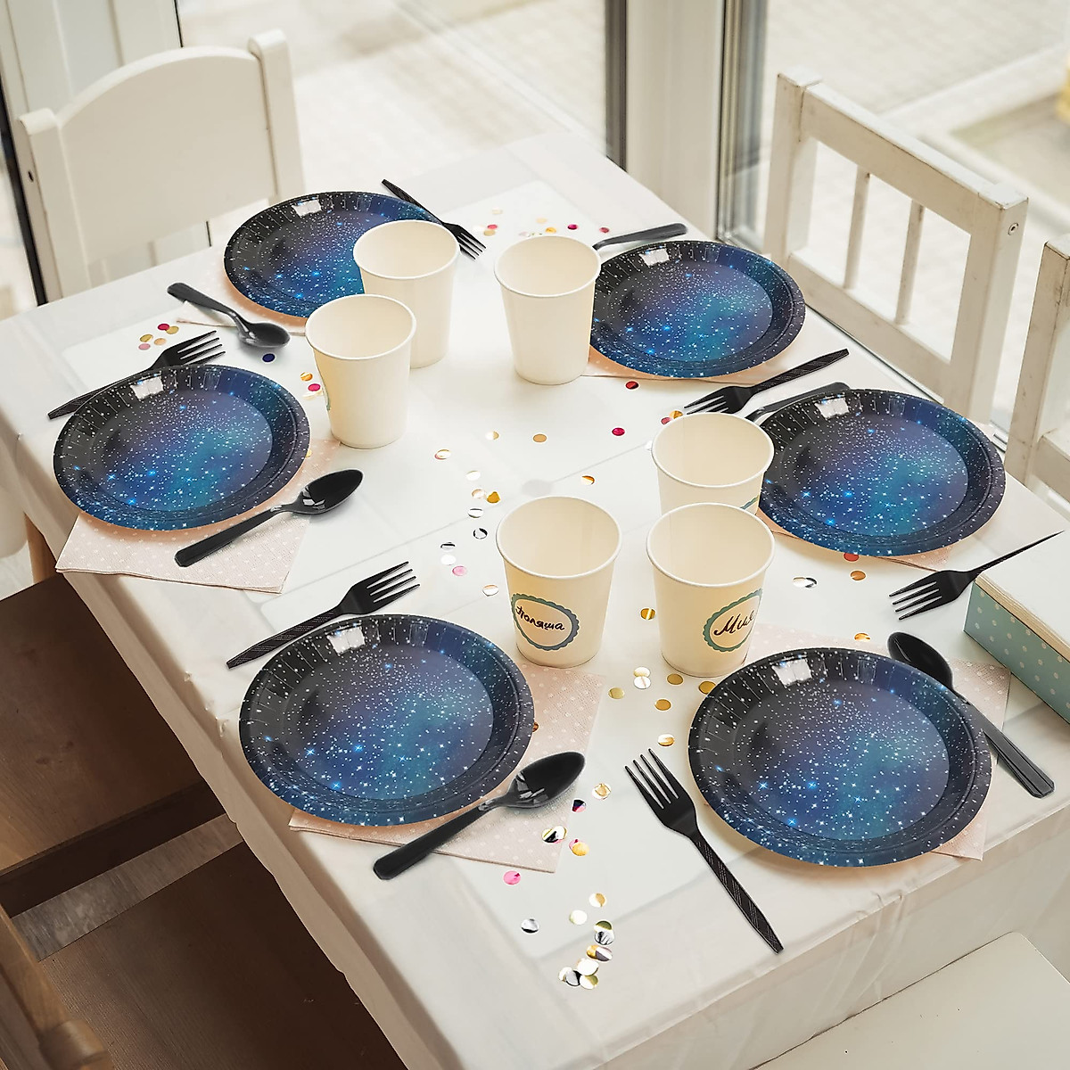 96 Pcs Galaxy Party Starry Night Supplies Tableware Set Outer Space Theme Birthday Star Party Table Decorations Solar System Paper Plates Napkins Forks for 24 Guests